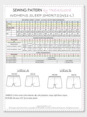 Womens Sleep Shorts Pattern - W11-L – TREASURIE