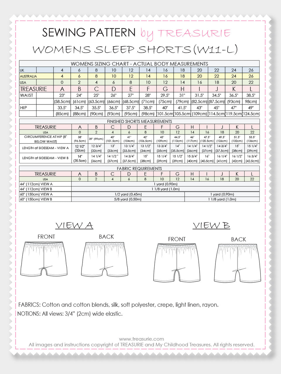 Womens Sleep Shorts Pattern - W11-L – TREASURIE